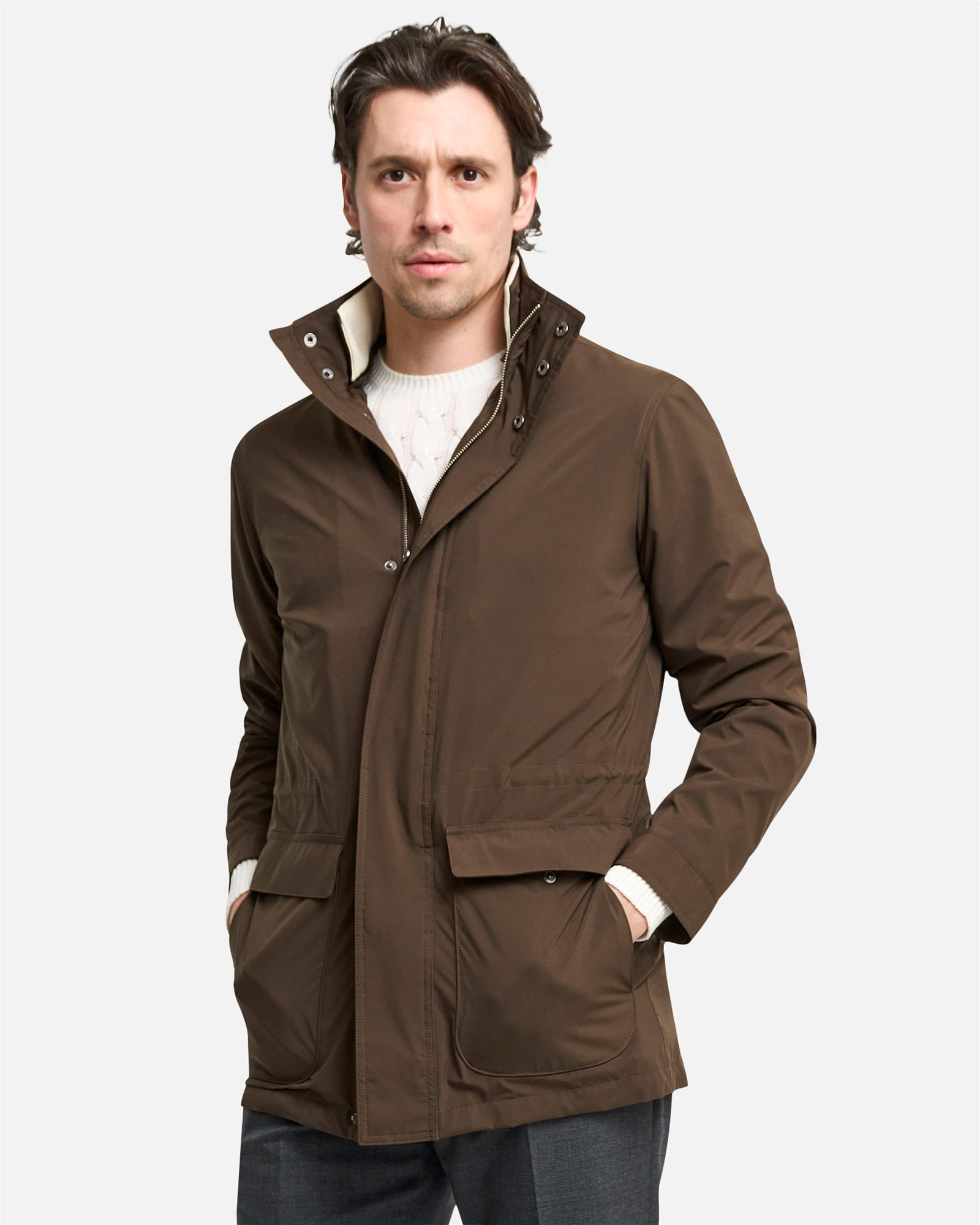 Car Coat Technical Fabric Brown - Jackets - Cavour